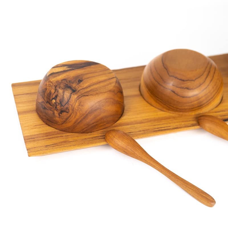 Rainforest Bowls Set of 3 Javanese Teak Wood Condiment Dipping Bowls w/Tray & 3 Spoons- Hot & Cold Friendly, Ultra-Durable - Exclusive Luxury Custom Design Handcrafted by Indonesian Artisans