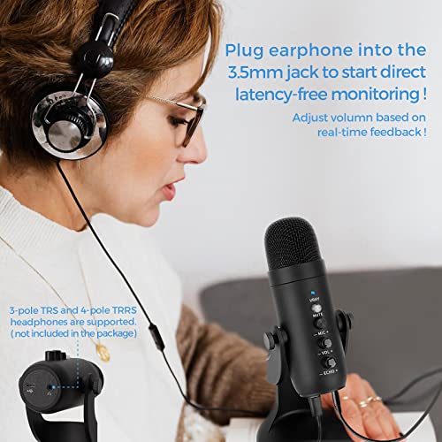 PtevSoh Professional Cardioid Condenser Microphone, Plug and Play, One-Key Mute, Real-time Monitor, Gain Adjustment, Noise Reduction, Compatible with PC, Mac, PS4/5.