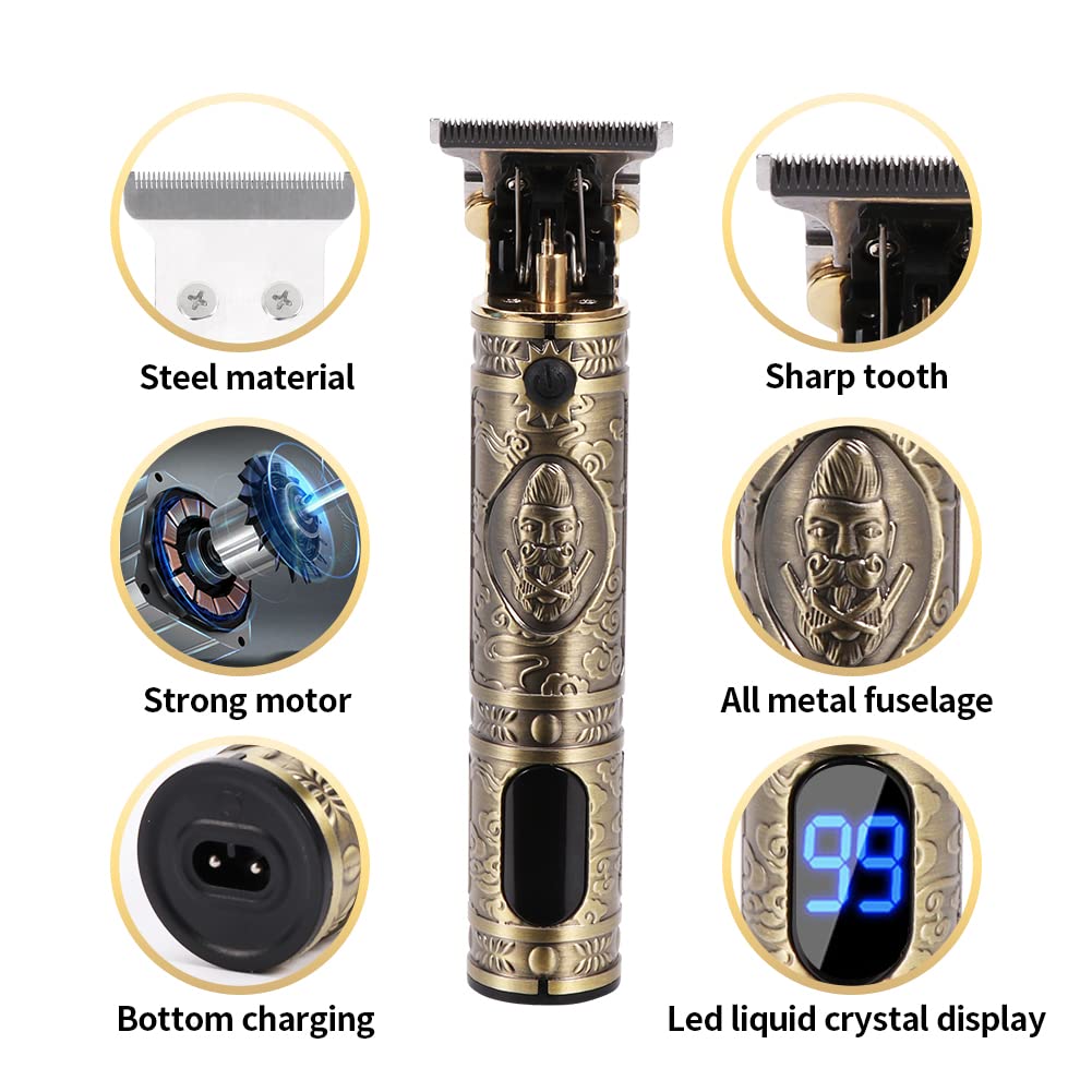 Professional Recharge Hair Trimmer Kit for Man,LCD Display Cordless Body Hair Clipper,Electric T Blade Zero Gapper Beard Shaver with Guide Comb and Smock(Bronze)