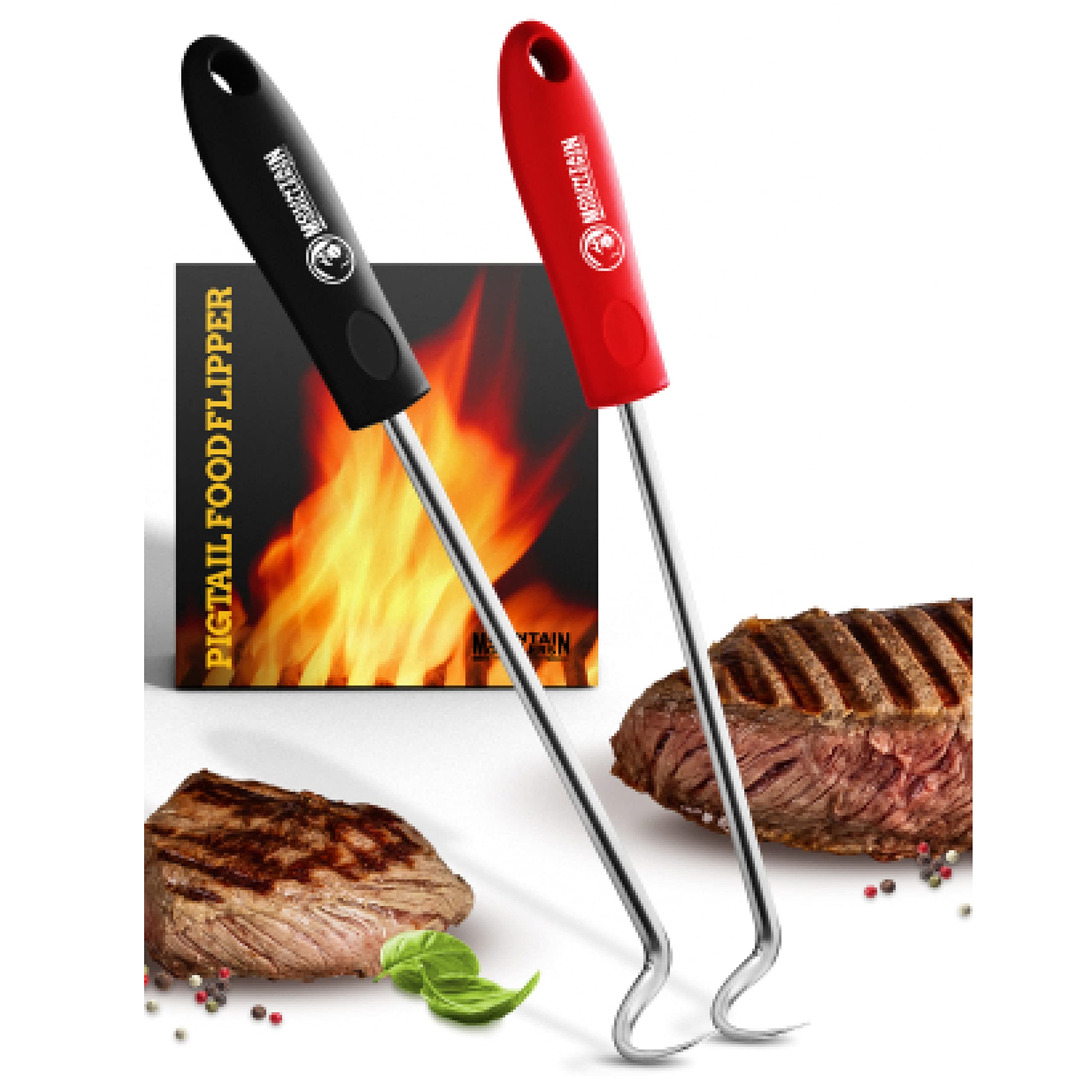 Pigtail Food Flipper Set - 17 & 12 Inch Meat Hooks & Turners With Steel Shafts & Color Coded Handles - Use In Place Of Tongs, Spatula & Meat Fork For BBQ Ribs, Steak, Chicken, Sausage, Vegetables