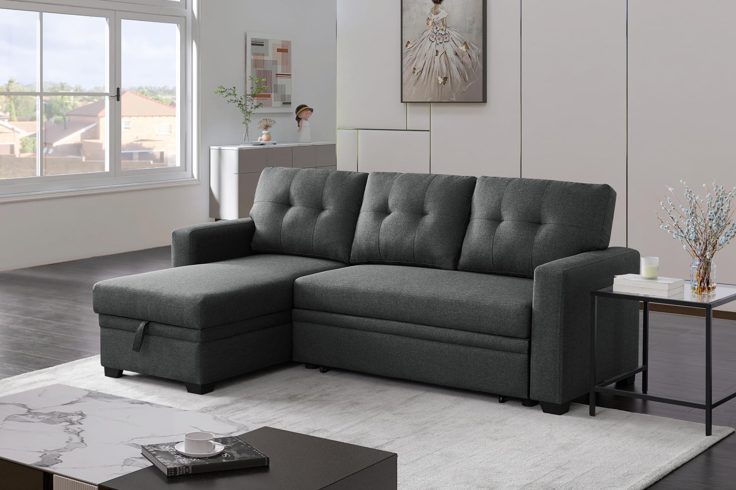 TABBC Sectional Sofa with Tufted Seat & Back Cushion,Solid Wood Frame Dsign, Linen Reversible Sleeper w/Storage Chaise and Pull-Out Sleeper for Home, Small Space Apartment