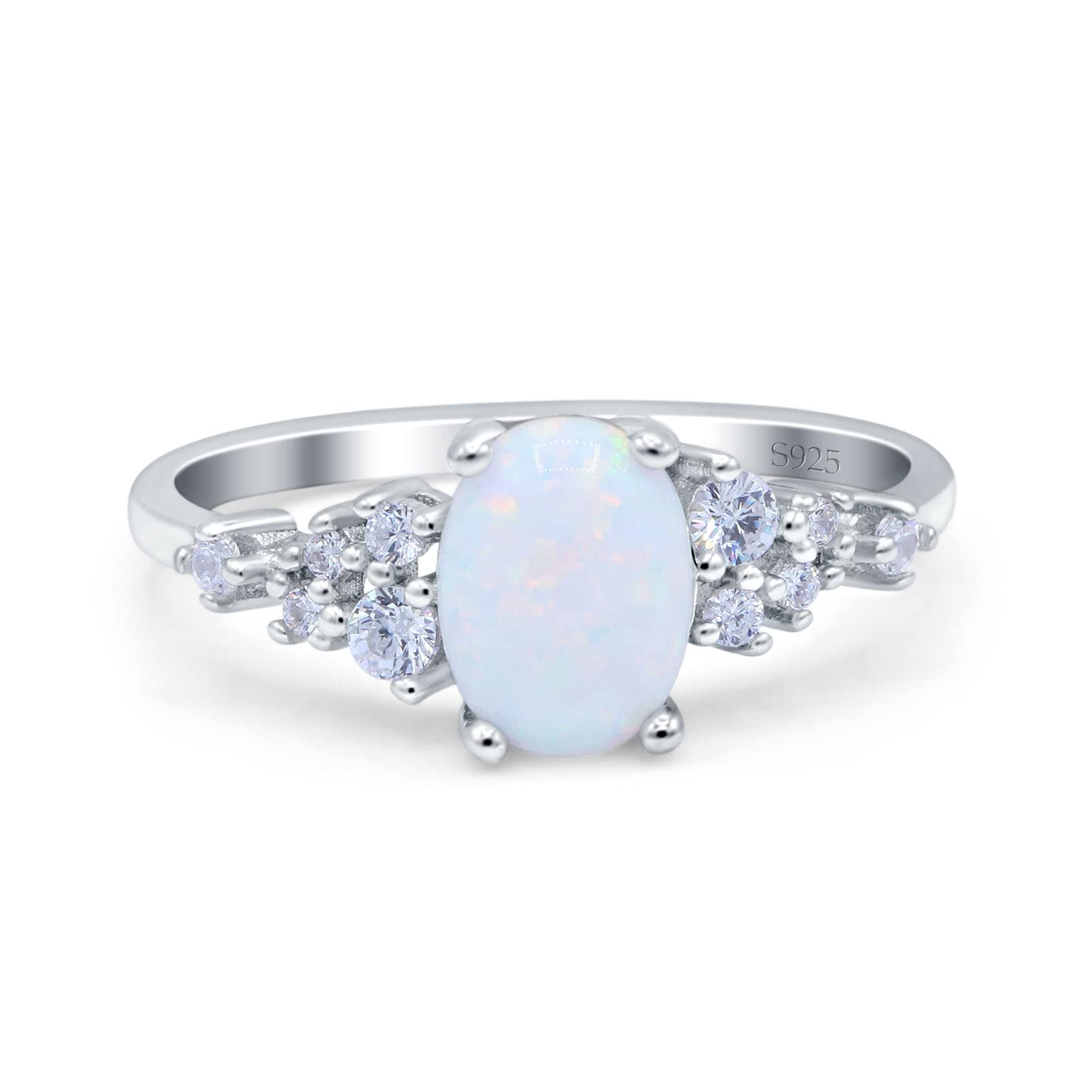 OMRANII Lab Created White Opal Size-7 Oval Art Deco Bridal Wedding Engagement Ring Round CZ 925 Sterling Silver