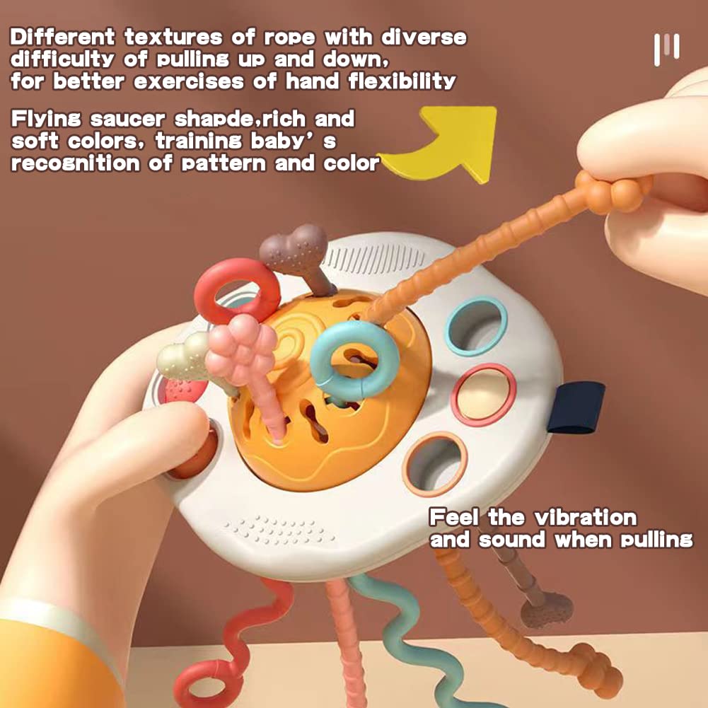 Silicone Pull String Interactive Toy,Toddlers Montessori Toys Interactive Learning Sensory Development,UFO Travel Toy for Baby 18+ Months, Food Grade Silicone Fine Motor Skills Toys