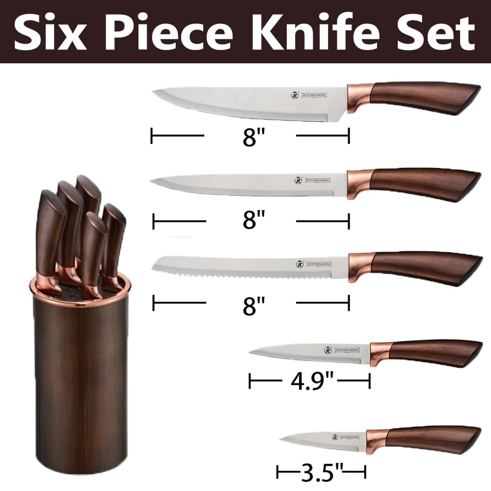 Knife Set with Block YF-TOW 6-Piece Kitchen Knife Sets Non-Stick Sharp Stainless Steel Kitchen Knives Comes with Freestanding Storage Block (Brown)