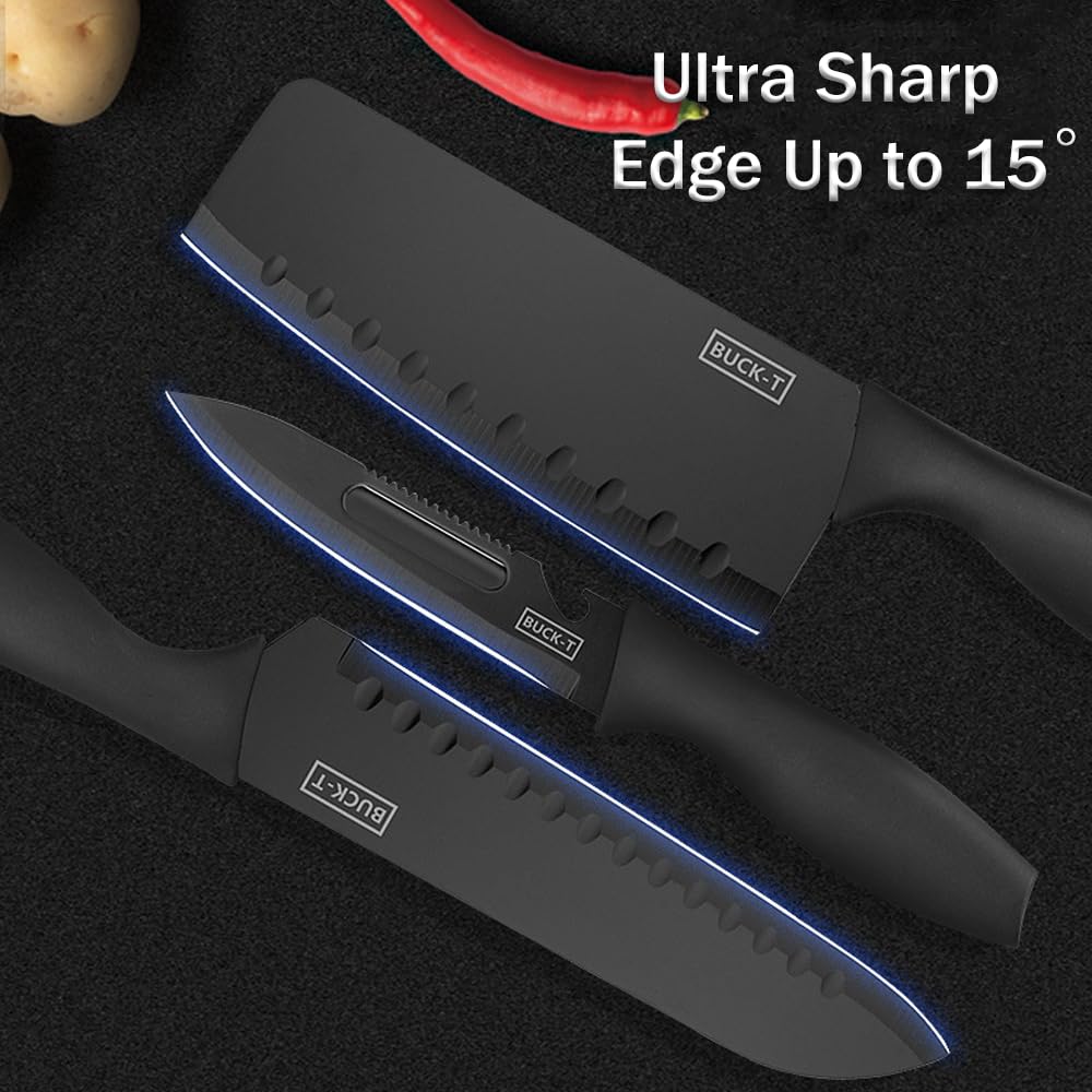 Knife Set, 10-Piece German Stainless Steel Kitchen Knife Block Set with Sheaths, Cutting Board and Knife Block, Super Sharp Knife Set with Block, Non-stick Cooking Knives Sets, Ergonomical Design