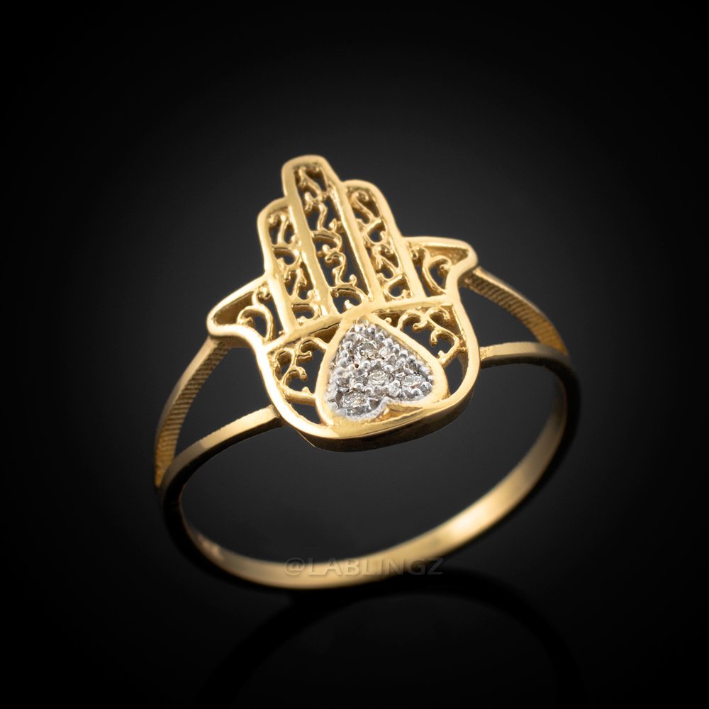 Jewish Jewelry by LABLINGZ 10k Yellow Gold Diamond Pave Heart Filigree Hamsa Ladies Ring (Size 10)