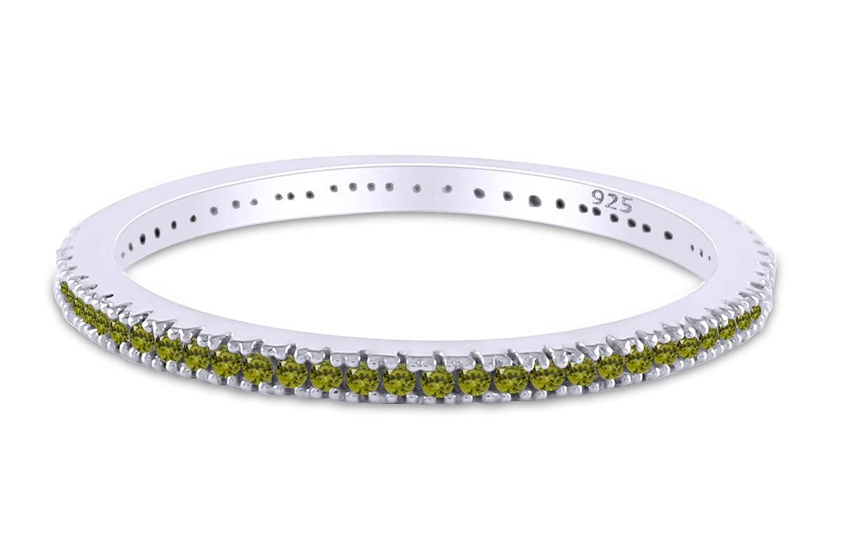 Jewel Zone US Simulated Green Peridot Eternity Stackable Wedding Ring in 14k White Gold Over Sterling Silver (1/5 Ct)