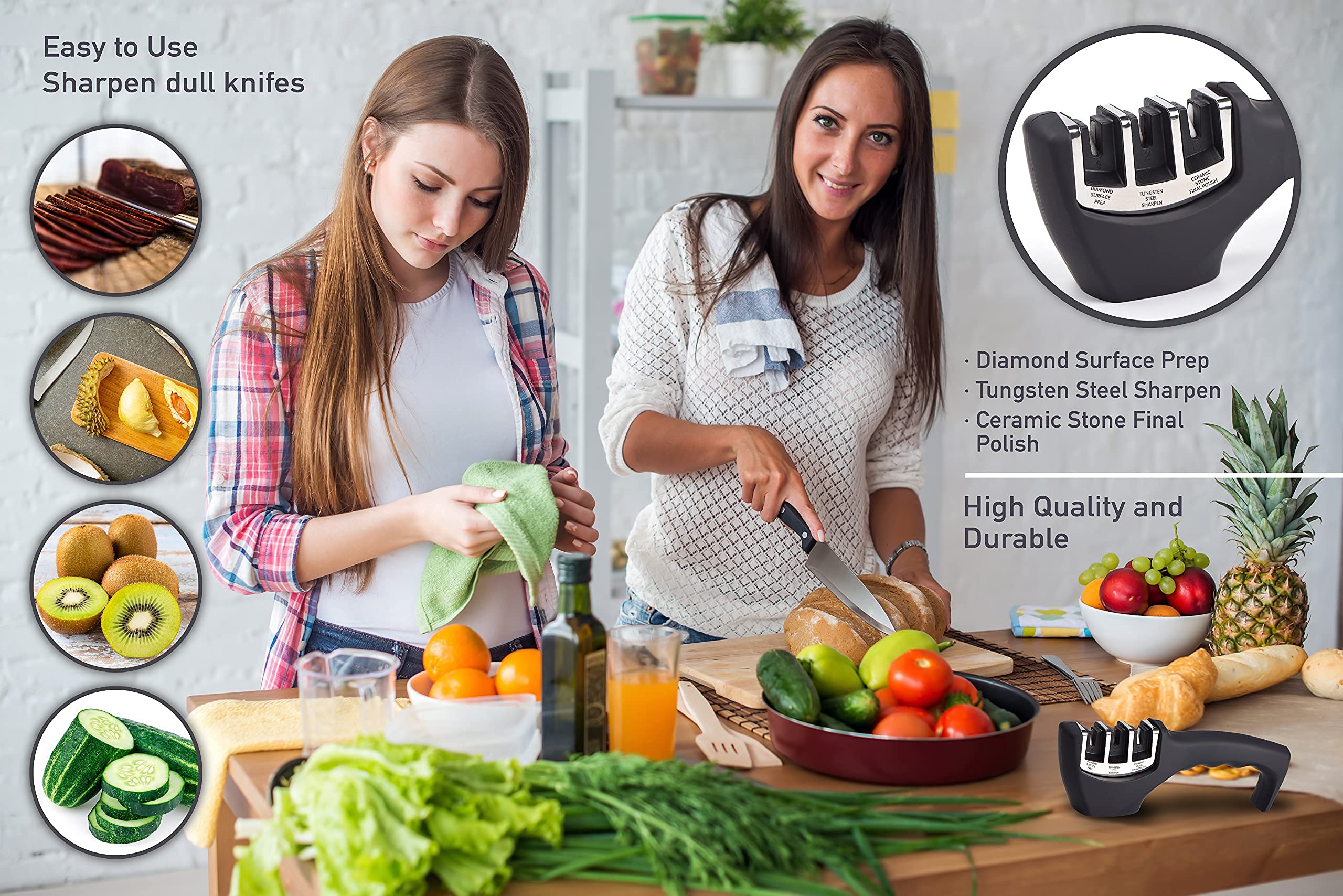 Melfi Premium Knife Sharpener, 3-Stage, Kitchen Knife Accessories, Helps Repair, Polish & Restore, Handled, Cut Resistant Glove