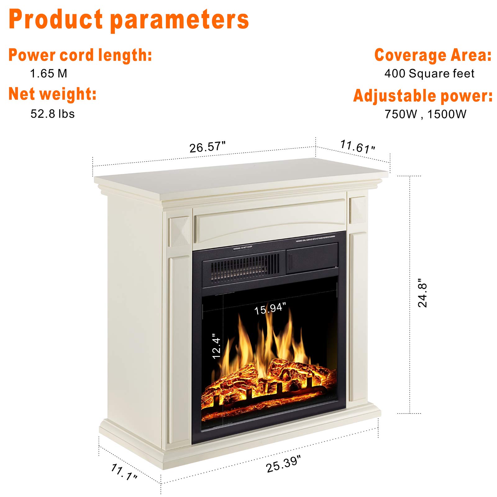 JAMFLY 26’’ Mantel Electric Fireplace Heater Small Freestanding Infrared Quartz Fireplace Stove Heater w/Log Hearth& Wood Surround Firebox, Adjustable Led Flame, Remote Control,750W-1500W, (Brown)…