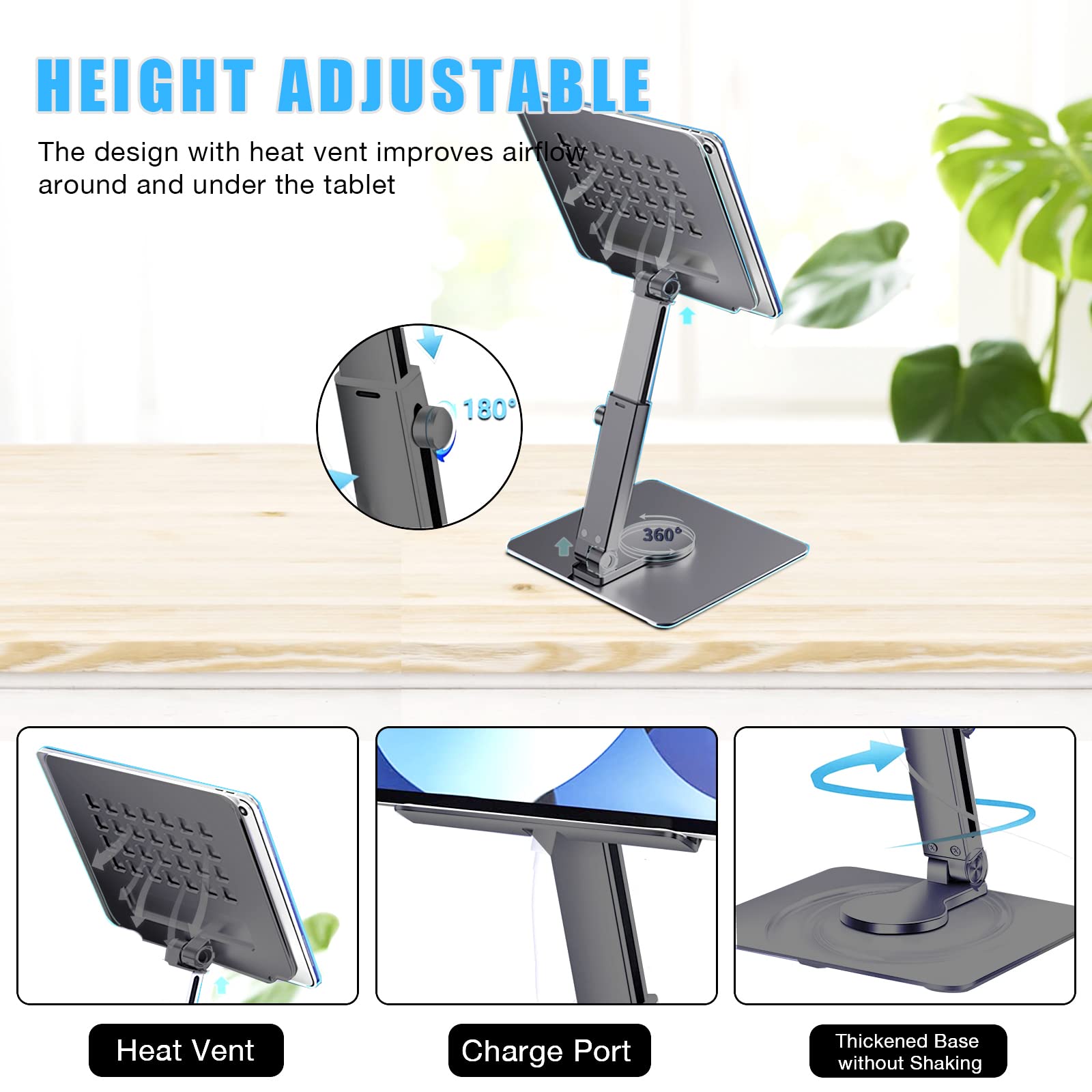 RAYONE Tablet Stand for Desk, Height Adjustable Aluminum iPad Stand Holder, Foldable 360° Swivel Desktop Tablet Stand Holder Dock for 4" - 13" Tablet（Dark Grey）