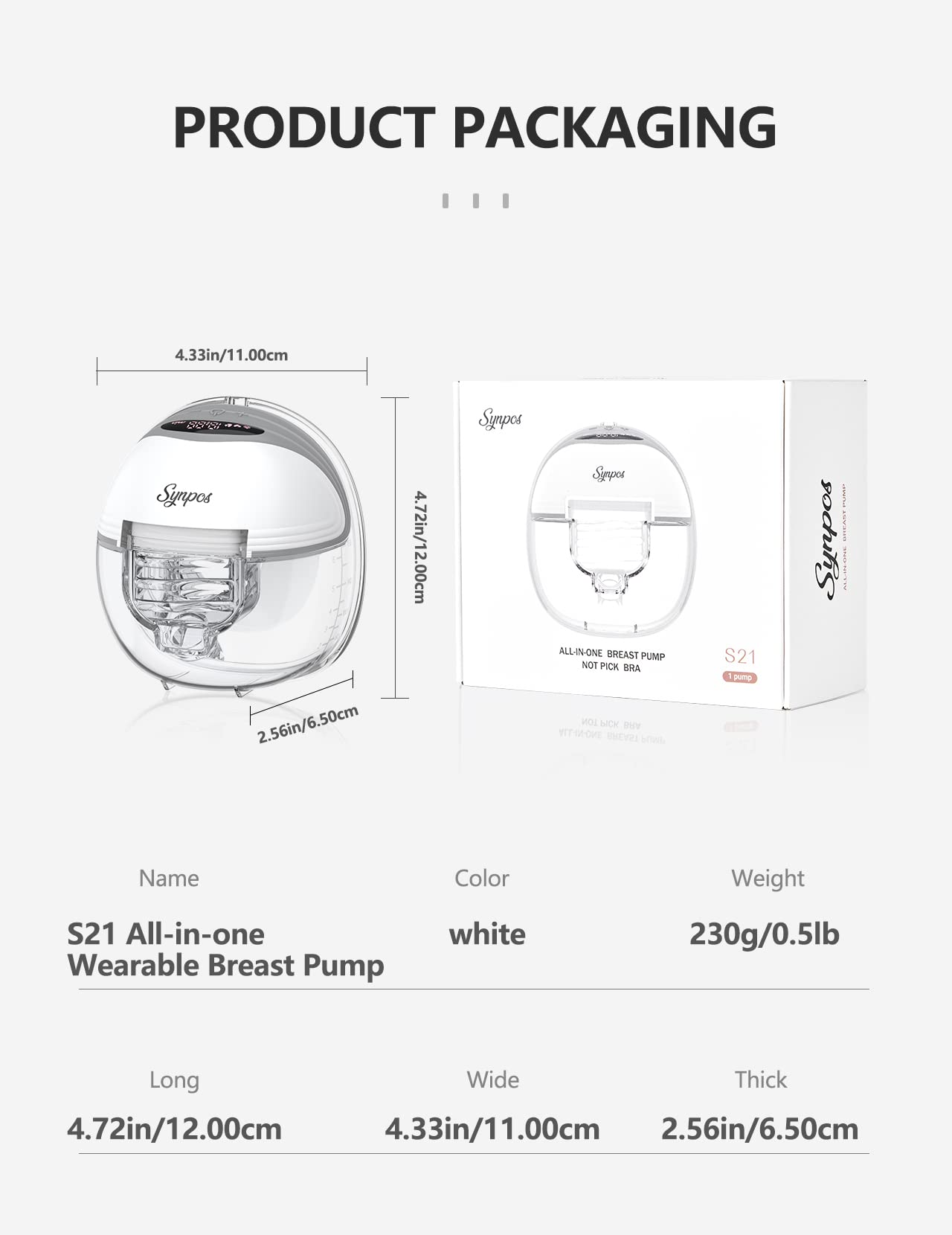 S21 All-in-one Breast Pump, No Sense of Wear. 3 Modes & 12 Levels with Memory Function, 1000mAh Use 90 Min, LCD Display, Low Noise 40dB, SYNPOS Invisible and Comfortable Wearable Breast pump 24MM 1Pcs