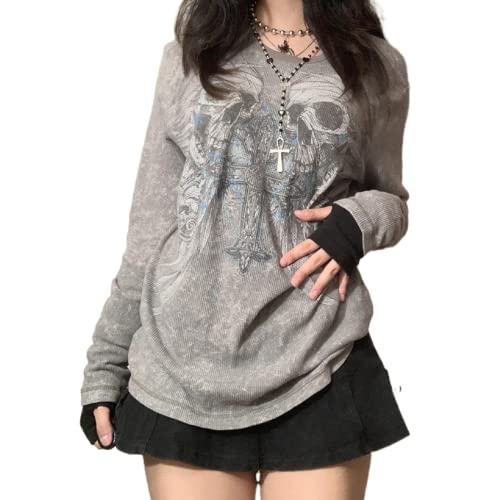 Y2K Long Sleeve Tops for Women Fairy Grunge Graphic Print Top Vintage Crop Top Tee(M-Grey,S)