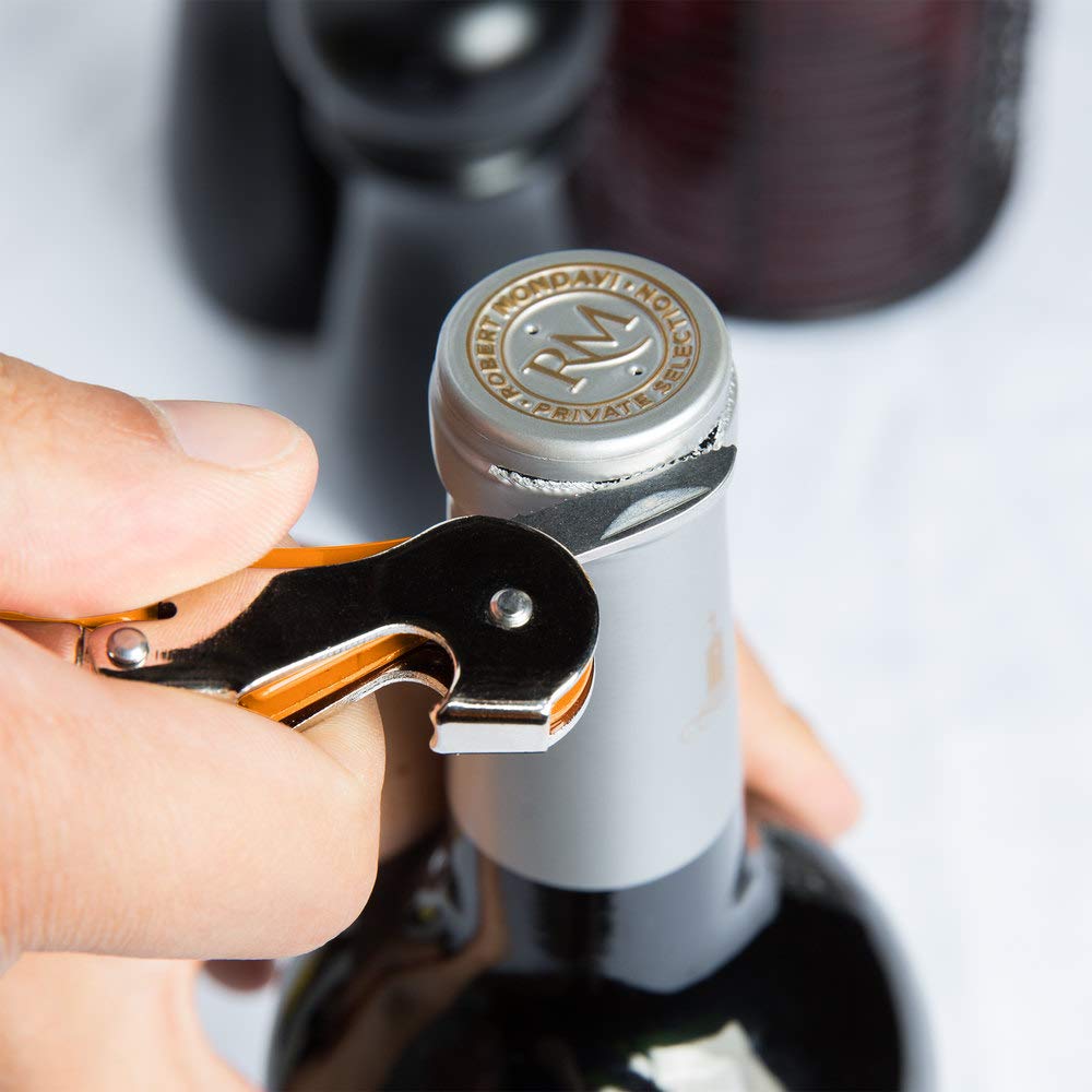 Pulltap's Double-Hinged Waiters Corkscrew, Wine Opener and Foil Cutter, Beer Bottle Opener, Orange