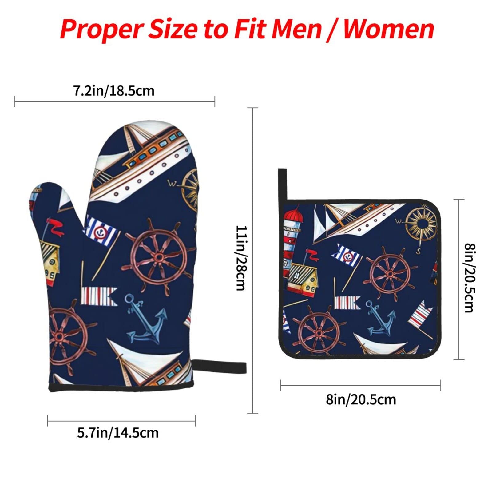 Nautical Sailboat Anchor Lighthouse Oven Mitts and Pot Holders Sets of 4,Non-Slip Heat Resistant Oven Gloves for Baking Cooking Grilling BBQ