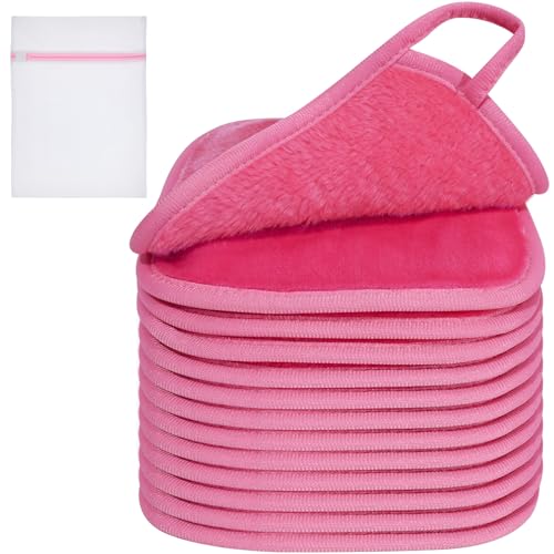 KODAMO Makeup Remover Cloth, Reusable Makeup Remover Pads Washable Travel Bag, Microfiber Makeup Removal Face Wash Cloths with Just Water, Gentle Soft, Eco-friendly, 12 Pack, Pink