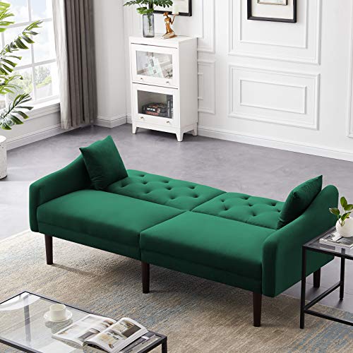 LoLado Futon Sofa Bed Convertible Sleeper Sofa Couch wit Armrests Modern Velvet Sofa Bed for Living Room Office Folding Recliner Futon Couch with Wood Legs (Green)