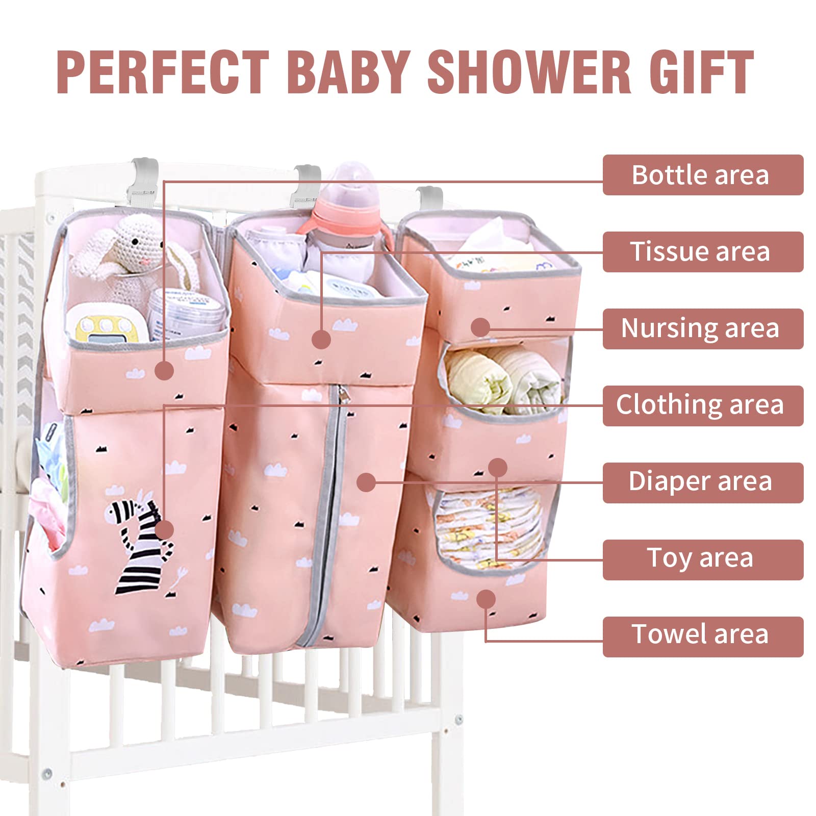 Saihisday 3-in-1 Hanging Diaper Caddy For Baby Essentials, Nursery Organization Storage Holder, Detachable Hanging Diaper Organizer for Changing Table, Travel Organizer Bag for RV Camper (Pink)