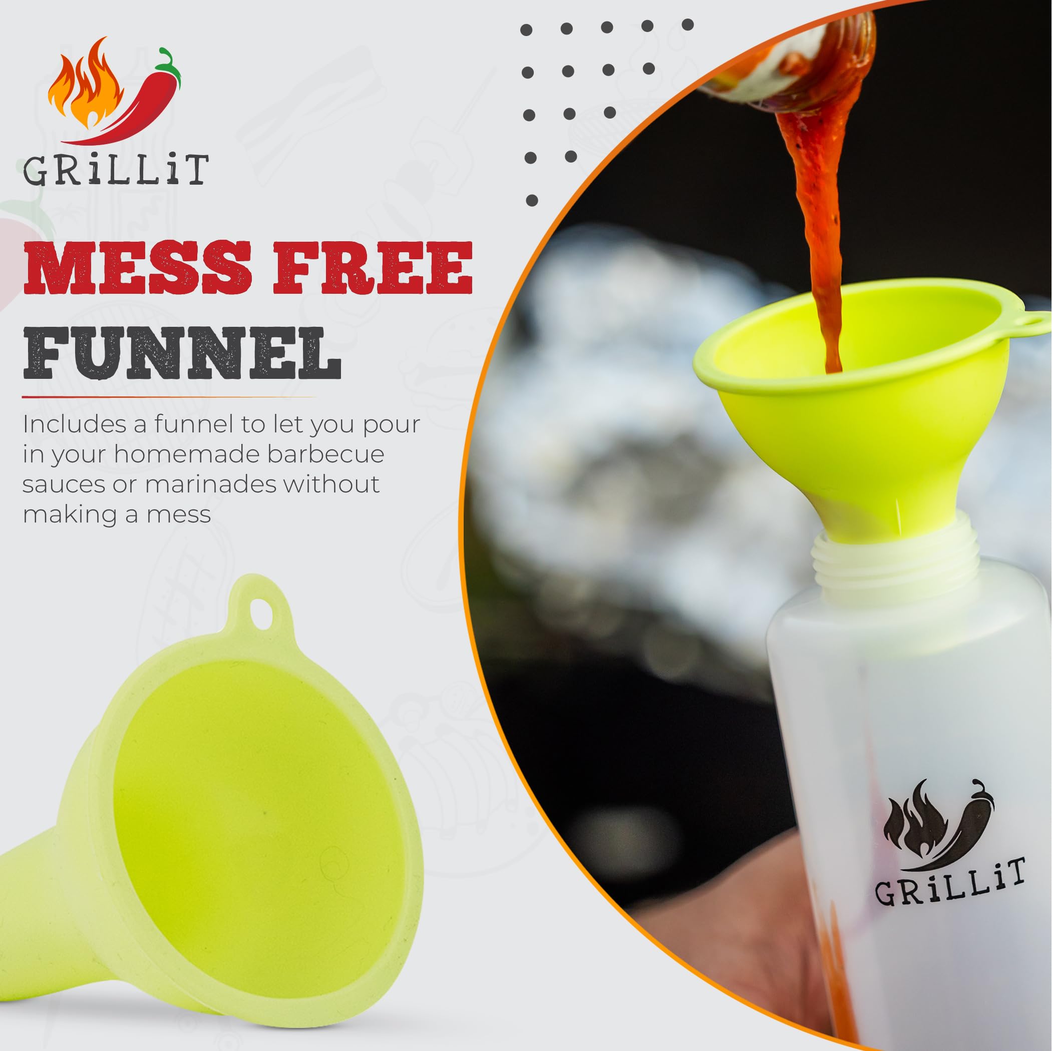Sauce Basting Bottle Set for Grilling with 3 Silicone BBQ Basting Brush Caps & 2 Squeeze Caps - Squeeze Bottles for Sauces with Applicators, Storage Caps & Funnel - Condiment Sauce Dispenser