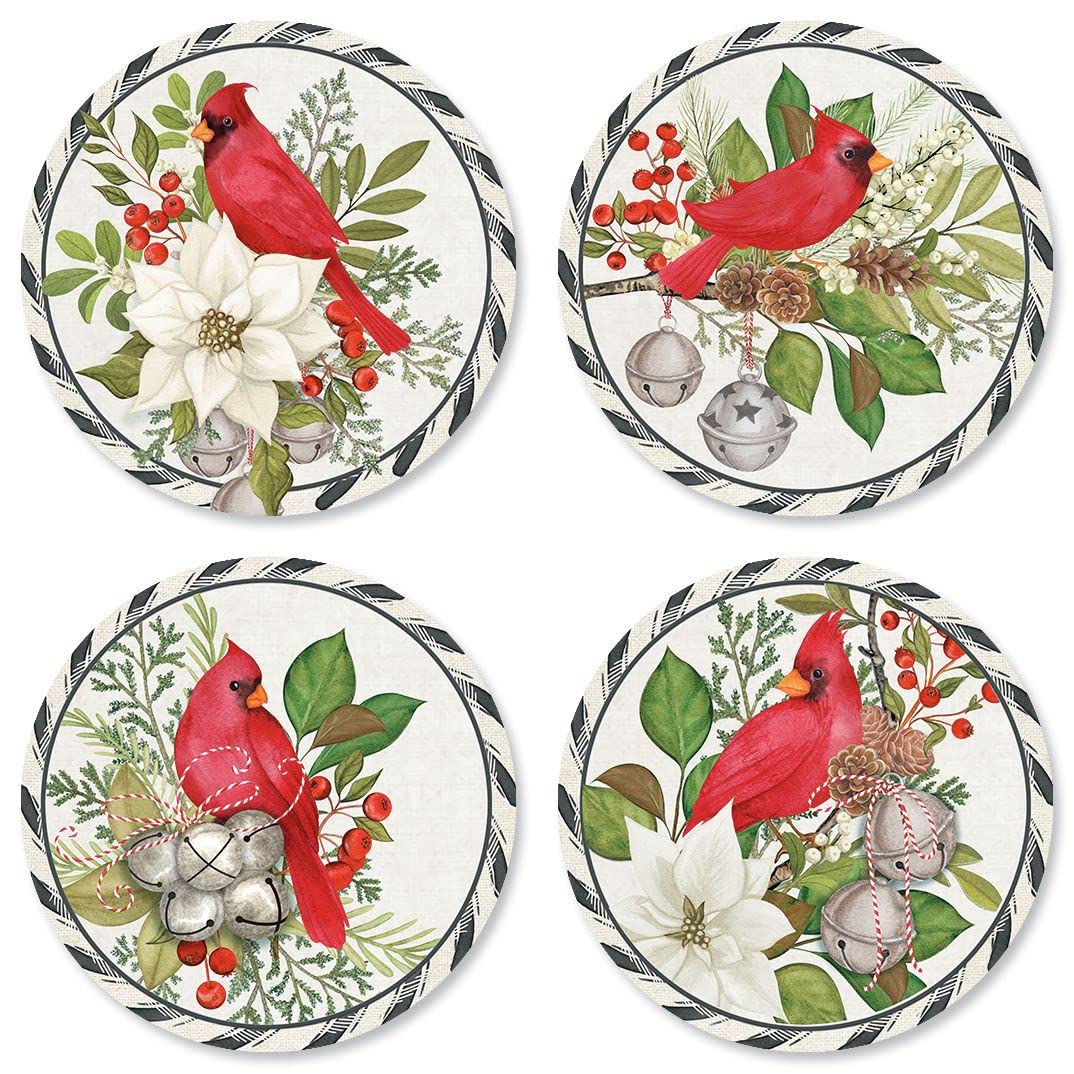 Silver Bell Cardinals Christmas Envelope Seals - Set of 144 Self-Adhesive, Flat-Sheet, 1-1/2" Round Sticker Seals, by Colorful Images