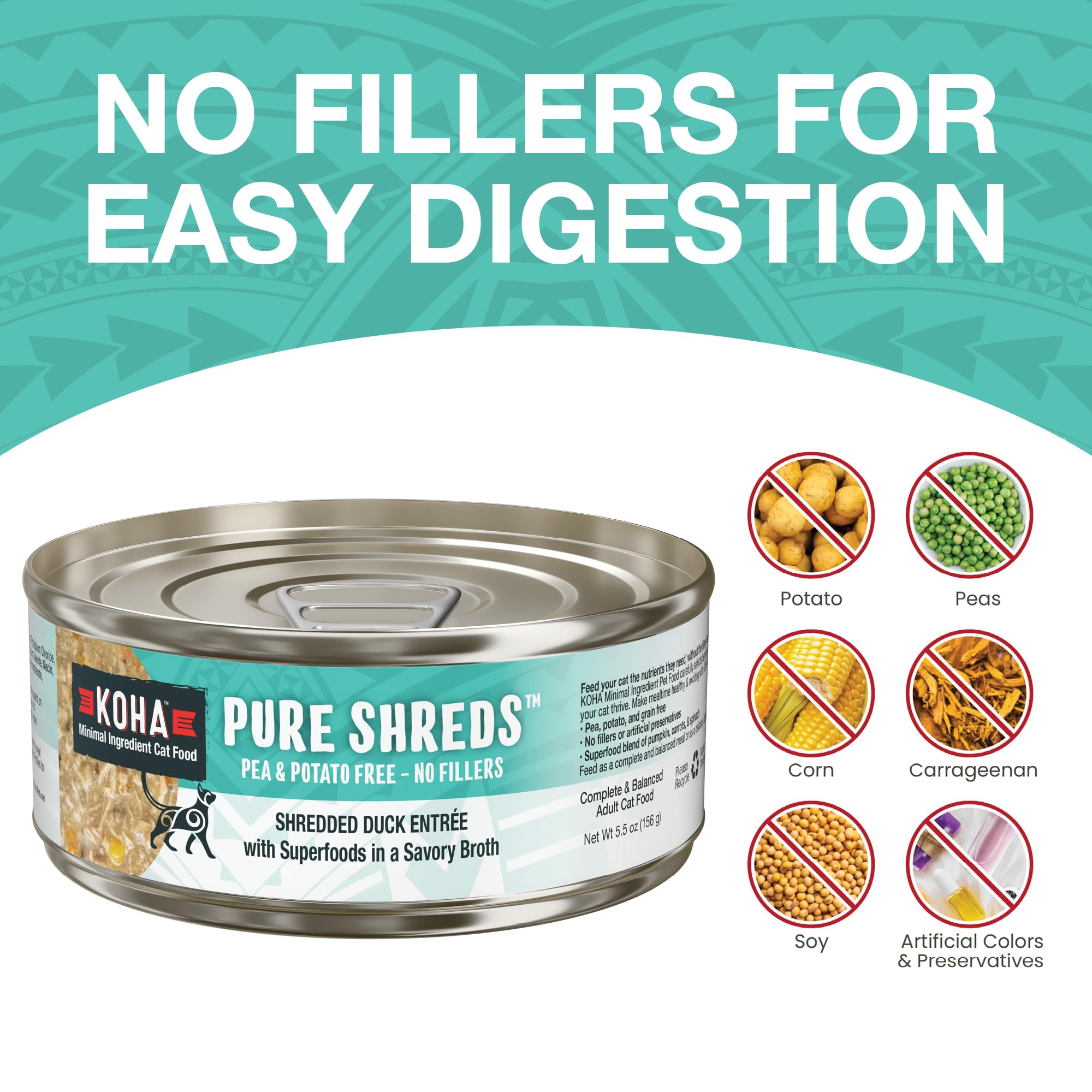 KOHA Pure Shreds Duck Entrée for Cats, Single Meat Wet Cat Food 2.8oz Cans (Pack of 24)
