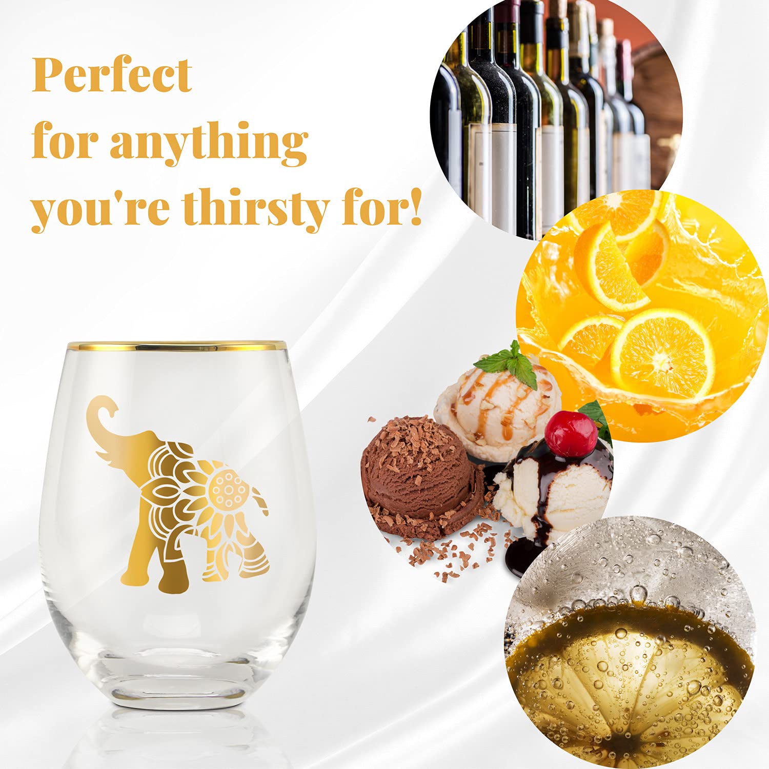Onebttl Unique Elephant Gifts - Ethnic Mandala Elephant Stemless Wine Glass, Best for Elephant Lovers, Perfect with Red Wine Gin Cocktail Fizzy Drinks - Gold - for Birthday, Celebrations, Housewarming