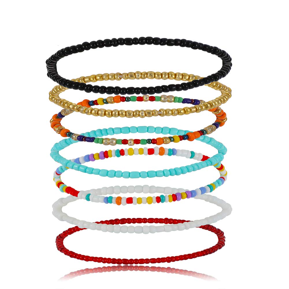 kelistom Boho Anklet for Women Teen Girls Handmade Elastic Beaded Ankle Bracelets for Women Summer Foot Jewelry (7PCS)