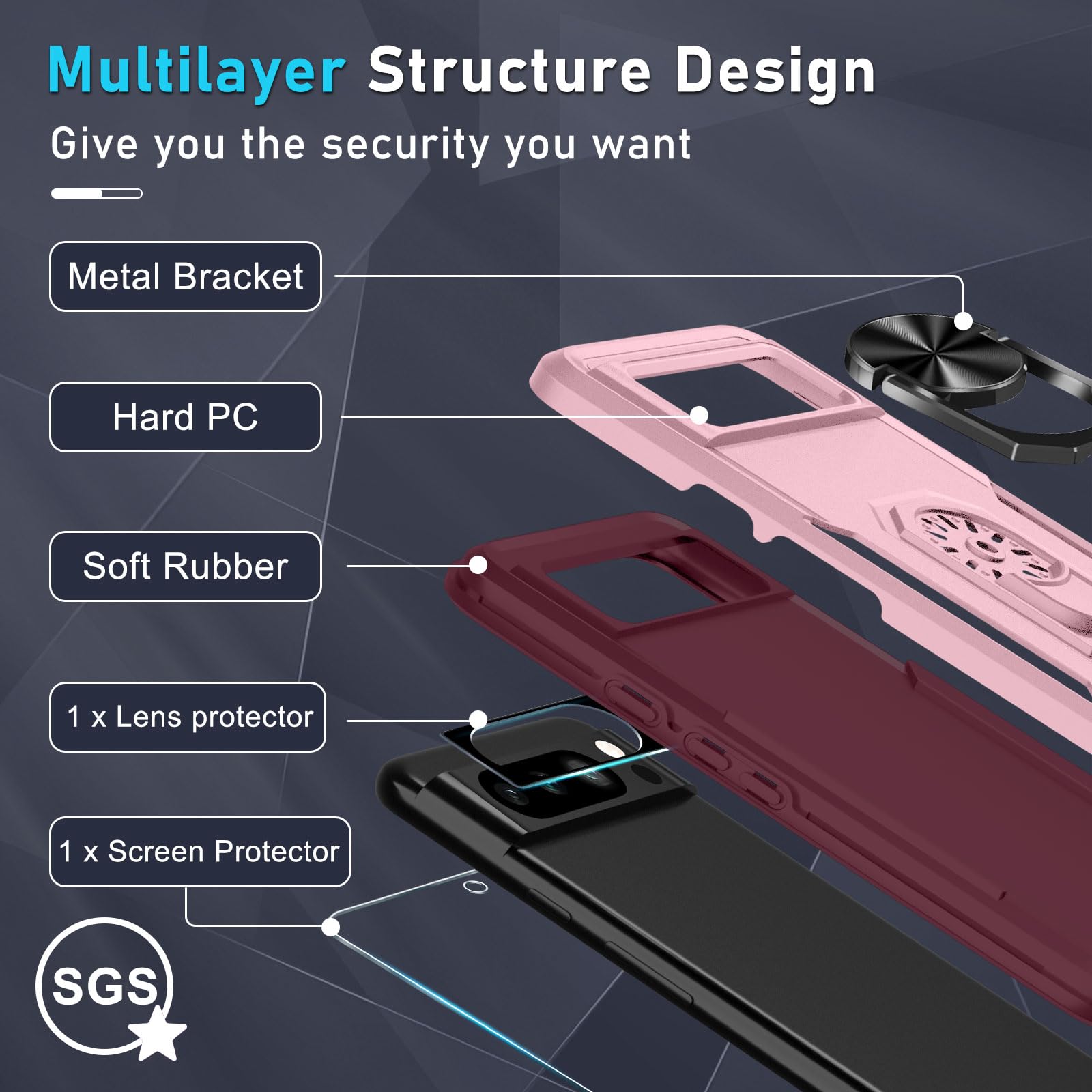 Janmitta for Google Pixel 8 Pro Case with Screen Protector + Camera Lens Protector,Heavy Duty Shockproof Full Body Protective Cover Built in Rotatable Metal Ring Holder Kickstand,2023 Cute Pink