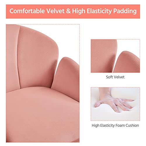 Yaheetech Cute Velvet Desk Chair for Home Office, Makeup Vanity Chair with Armrests for Bedroom Modern Swivel Rolling Chair for Women Pink