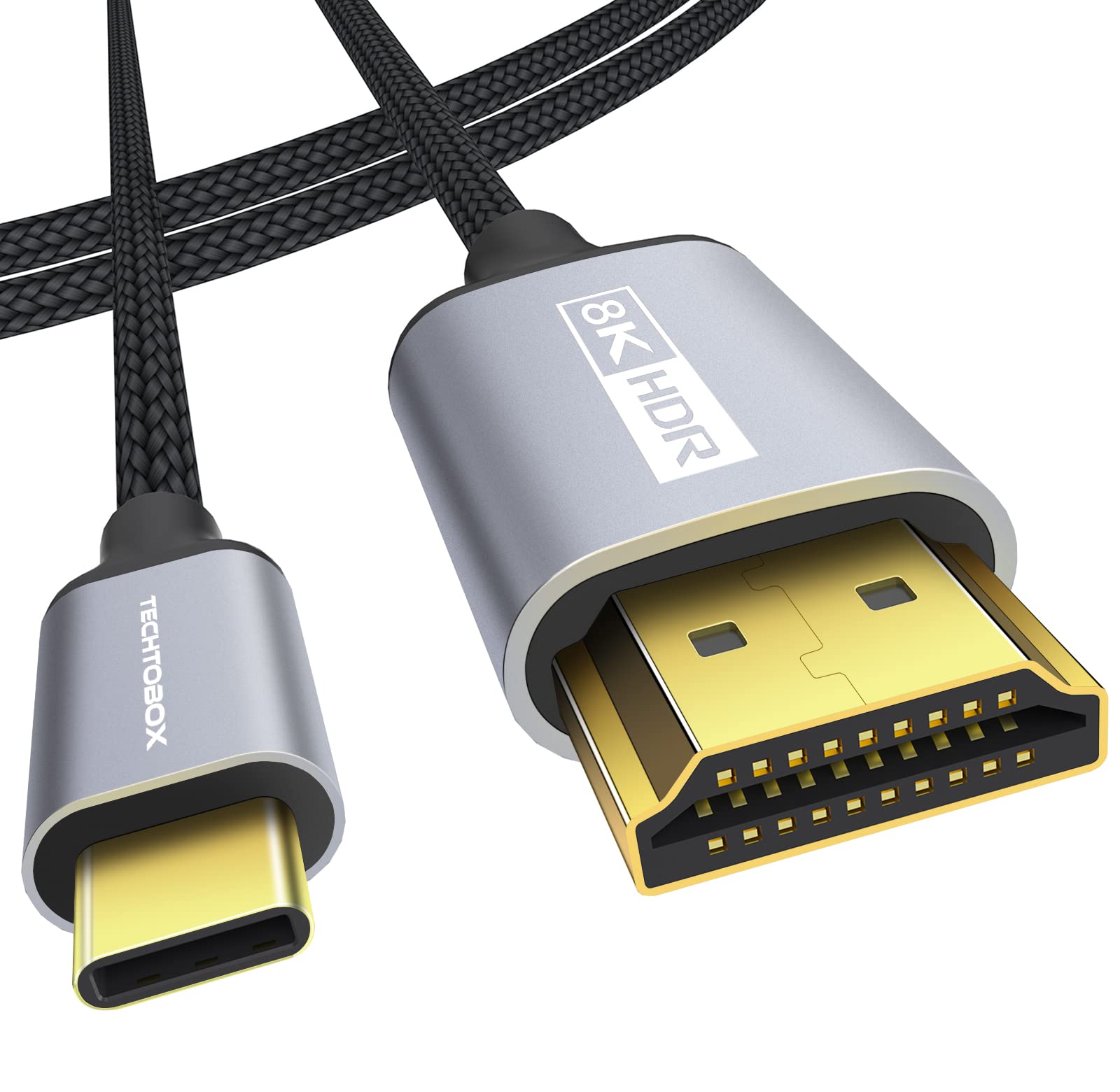 TECHTOBOX USB C to HDMI 2.1 Cable [8K@60Hz,4K@120Hz,2K@144Hz] 6Ft Type C to HDMI 8K Braided Cord [Thunderbolt 3/4 Compatible] Support HDCP2.3/HDR/DSC for MacBook Pro/Air,iPhone 15/Plus/Pro/Pro Max