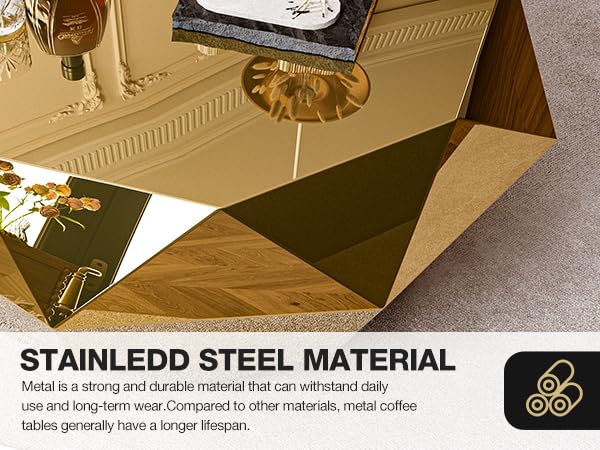 IKIFLY Modern Gold Stainless Coffee Table, Large Diamond Fashion Design Accent Table End Table for Living Room Bedroom