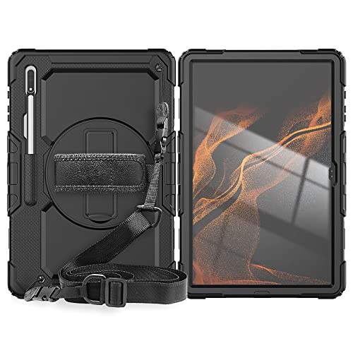 Tablet Protective Clips For Samsung Galaxy Tab S8 Ultra 14.6" (SM-X900/ X906) Heavy Duty Shockproof TPU Case,Protective Cover W Screen Protector 360 Swivel Kickstand+Hand Strap+Shoulder Strap Tablet P