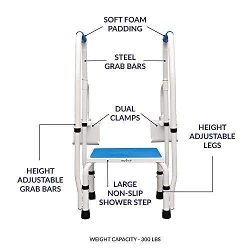 step2tub Shower Steps for Seniors - Provides Tub Assistance for Elderly - Adjustable, Non-Slip, One-Step Stool with Handicap Grab Bars - Stainless Steel Step Stool for Safe Tub & Shower Access