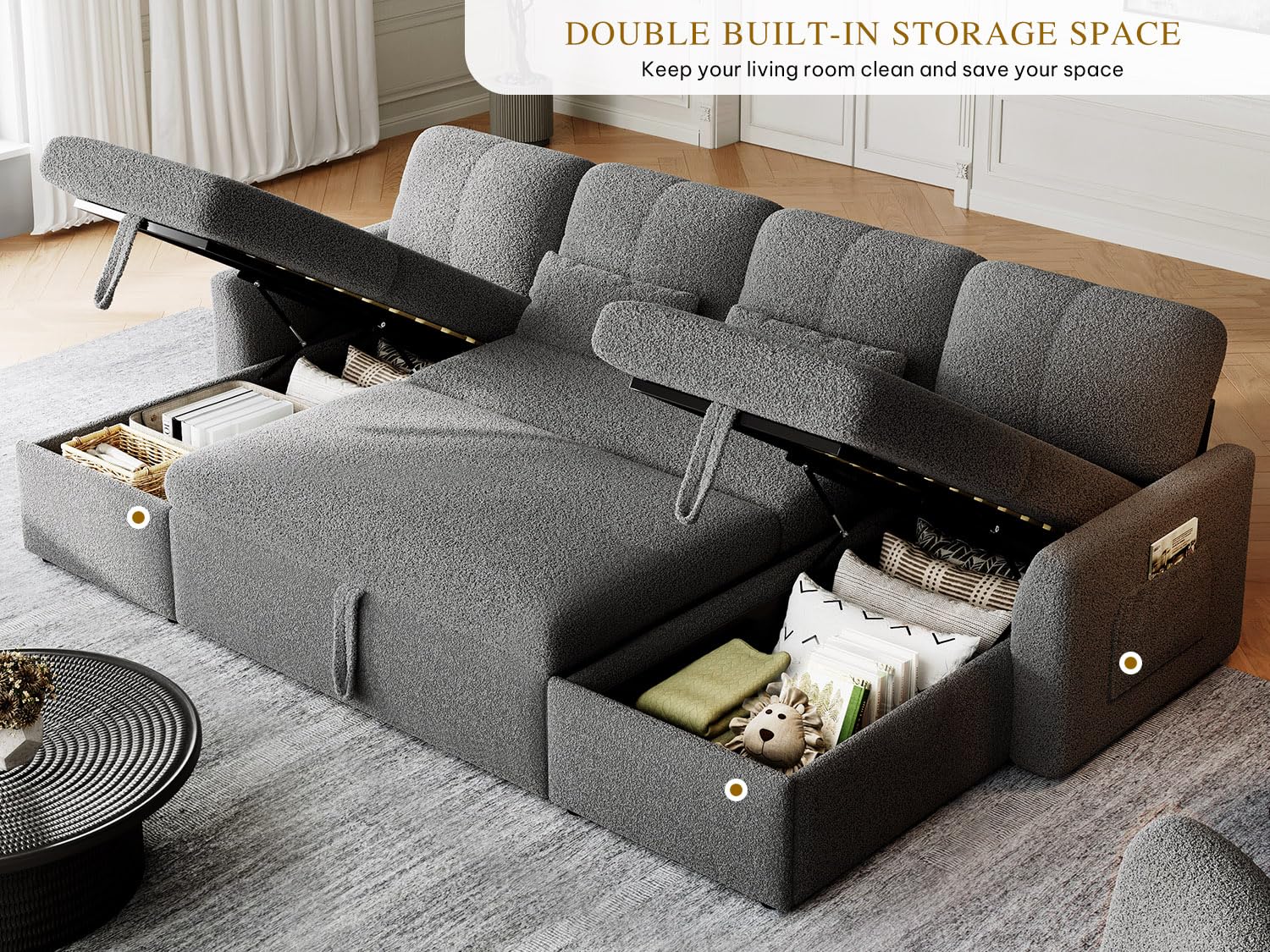 YITAHOME 105" Oversized Sleeper Sofa, 2 in 1 Convertible Sofa Bed with Pull Out Couch Bed and Dual Storage Chaise, U-Shape Sectional Sofa for Living Room, Teddy Fleece, Grey