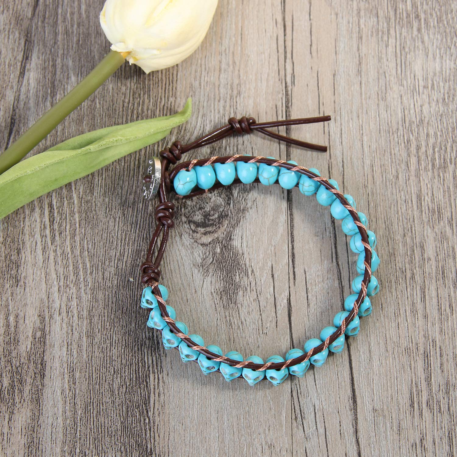 KELITCH New Turquoise Bracelets Skull Beaded Wrap Bracelet on Brown Leather Bracelets Handmade Jewelry