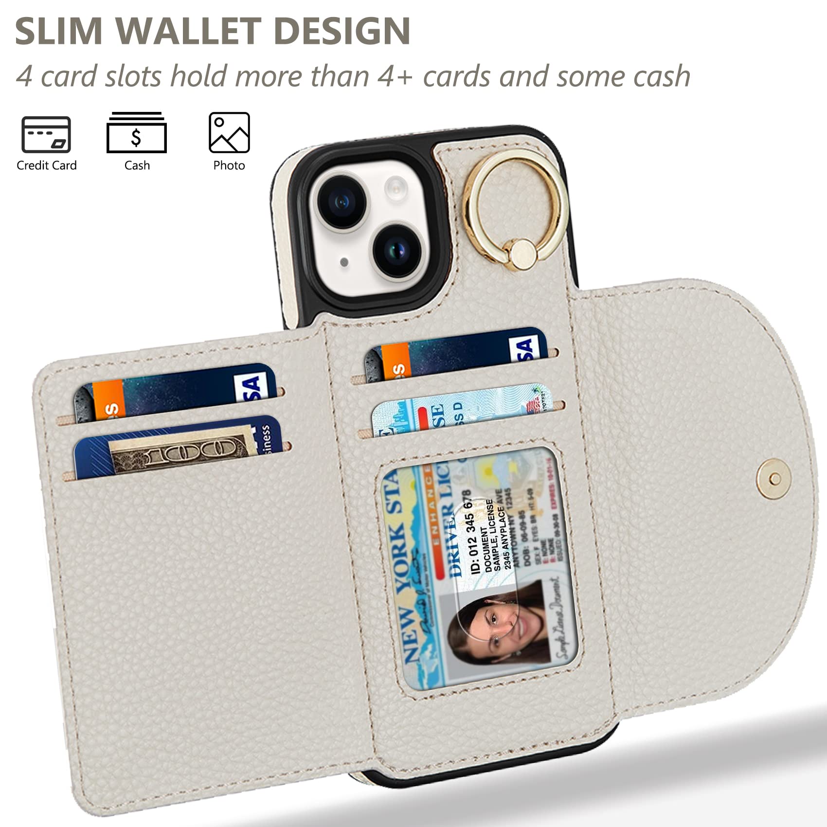 Keallce Case for iPhone 15 Wallet Case, Flip Leather Case with 4 Card Holder, Ring Holder Kickstand Protective Folio Phone Cover for Women Ladies, Beige