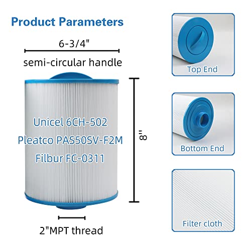 ROLFILLT PAS50SV-F2M Replaces Artesian Spa Filter,Compatible with Unicel 6CH-502, Filbur FC-0311,PAS502SV, PAS502SV-M, PAS50, Master Deluxe M60506, Excel XLS-604 Hot Tub Filter. 2 Pack