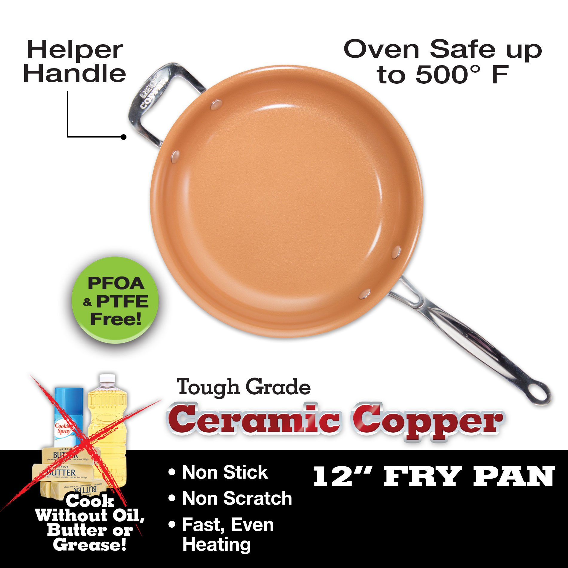 Red Copper 12 inch Pan by BulbHead Ceramic Copper Infused Non-Stick Fry Pan Skillet Scratch Resistant Without PFOA and PTFE Heat Resistant From Stove To Oven Up To 500 Degrees
