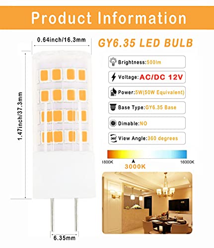 Lamsky GY6.35 G6.35 LED Light Bulb 5W,G6.35/GY6.35 Bi-pin Base,AC/DC 12V Warm White 3000K Non-dimmable,GY6.35 Base T4 JC Type 50W Halogen Replacement(4-Pack)