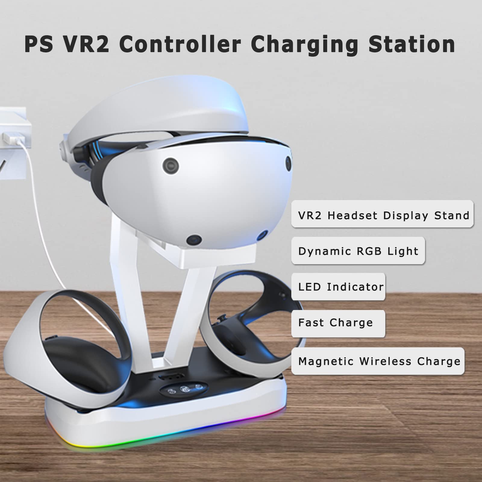 PS VR2 Charging Station Magnetic Charging Base for PS VR2 Headset Holder Storage Rack PS VR2 Controller Charging Dock Stand with RGB Color Light