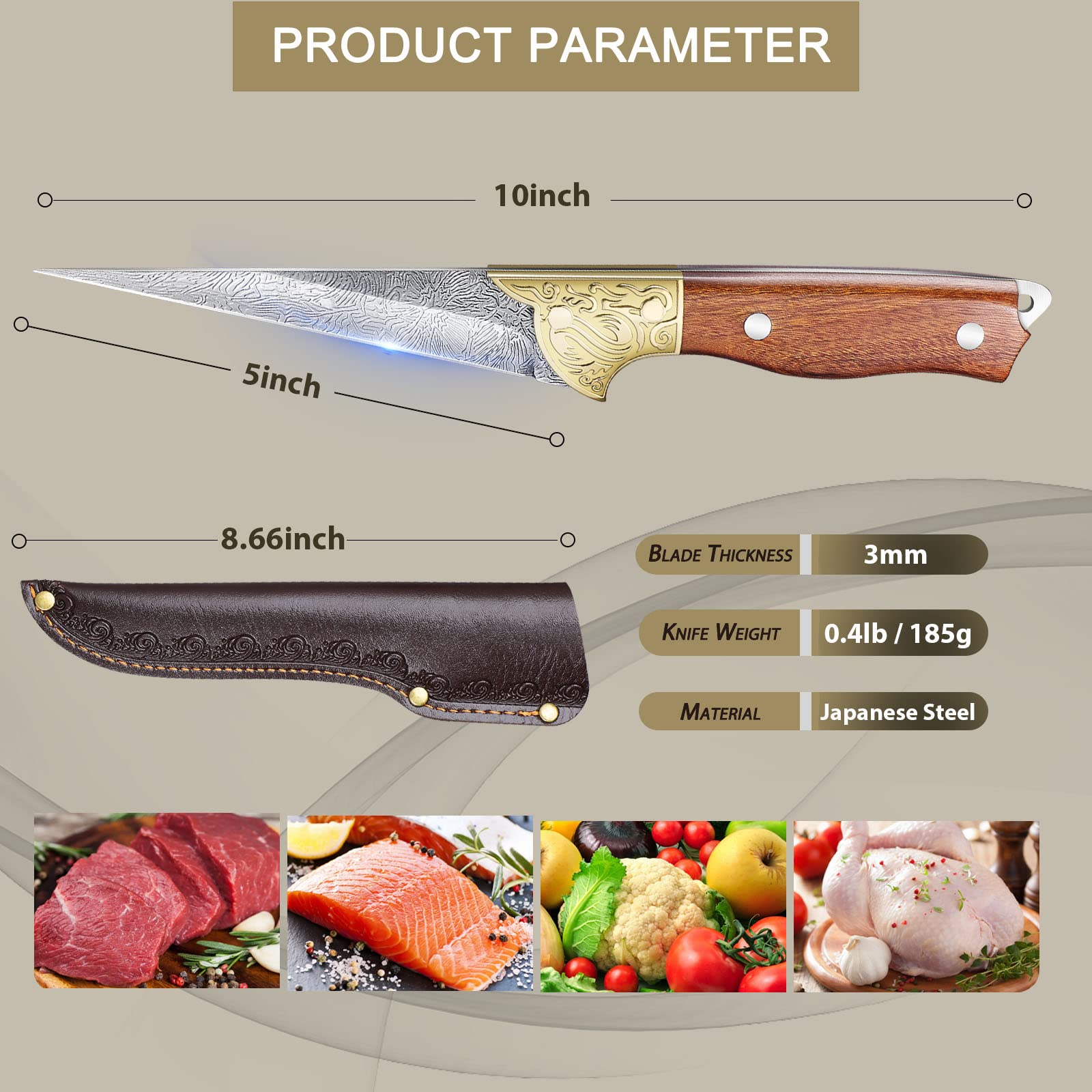 Purple Dragon Fish Fillet Knife 5" Razor Sharp Blade Japanese Premium Steel, Brisket Trimming Knives for Filleting and Boning,Wooden Handle,with Protective Sheath, Gift Idea