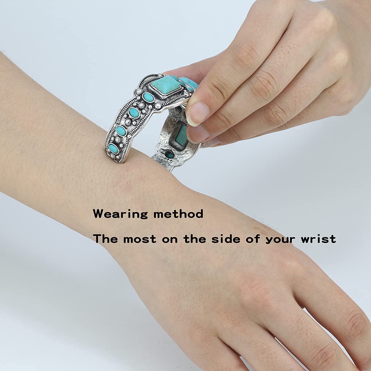 jianxi Women's Antique Rgentium Plated Base Heart Compressed Turquoise Bracelet Cuff Bangle Fashion Jewelry (1323-A)