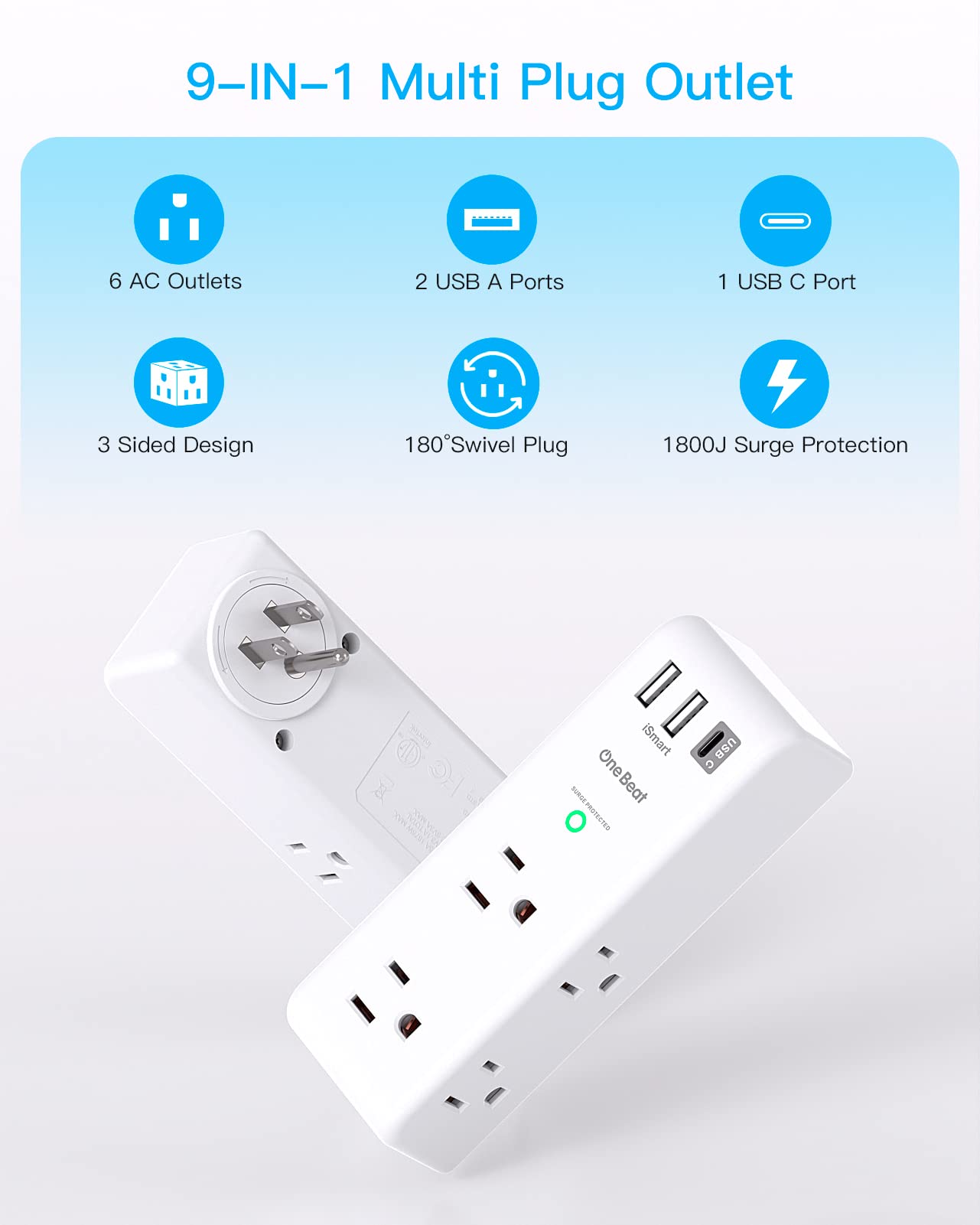 Surge Protector Outlet Extender - with Rotating Plug, 6 AC Multi Plug Outlet with 3 USB Ports (1 USB C), 1800 Joules, 3-Sided Swivel Power Strip with Spaced Outlet Splitter for Home, Office, Travel