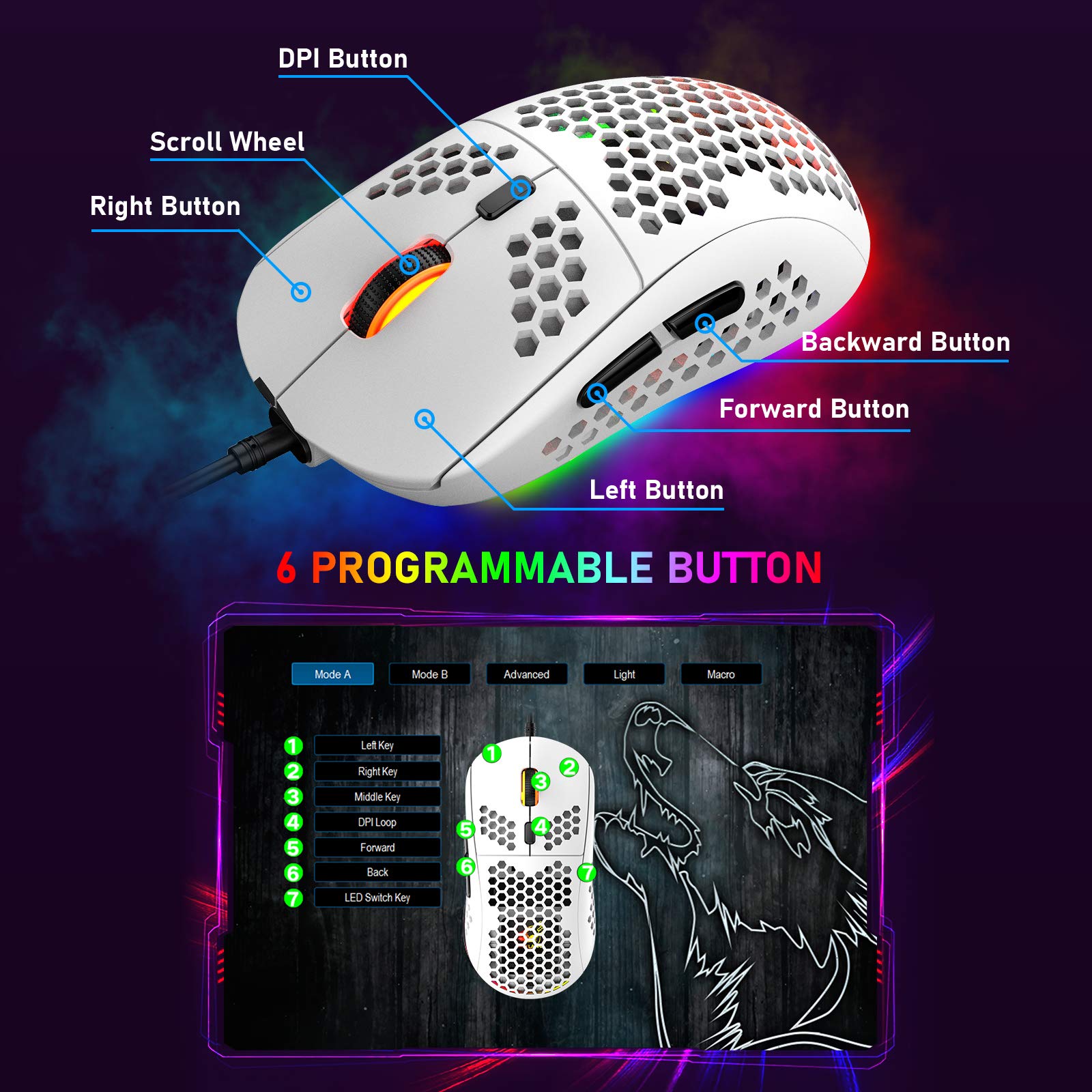 Lightweight Gaming Mouse with Ergonomic Honeycomb Shell 6 RGB Backlight Mode 7 Button Programmable Driver Adjustable 6400 DPI Optical Sensor Wired Ultraweave USB Cable for PC MAC Computer Gamer(Blue)