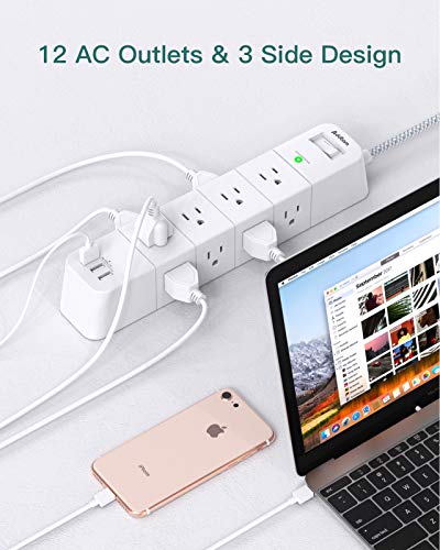 Surge Protector Power Strip - Addtam 10 Ft Long Extension Cord with 12 Outlets(3-Side) and 3 USB Ports, Flat Plug Overload Surge Protection Outlet Strip, Wall Mountable for Home, Office and Dorm