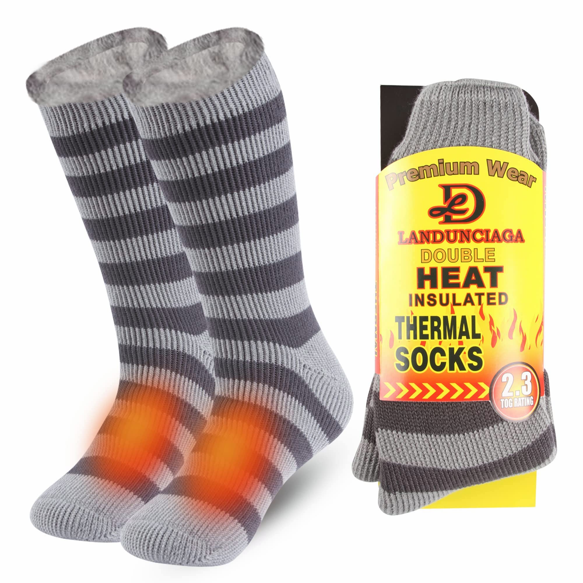 LANDUNCIAGA Men's Winter Thick Outdoor Warm Crew Socks Soft Comfort Cushion Boot Socks Bed Socks Extreme Cold Fleece Holder Socks, Large, Stripe Grey