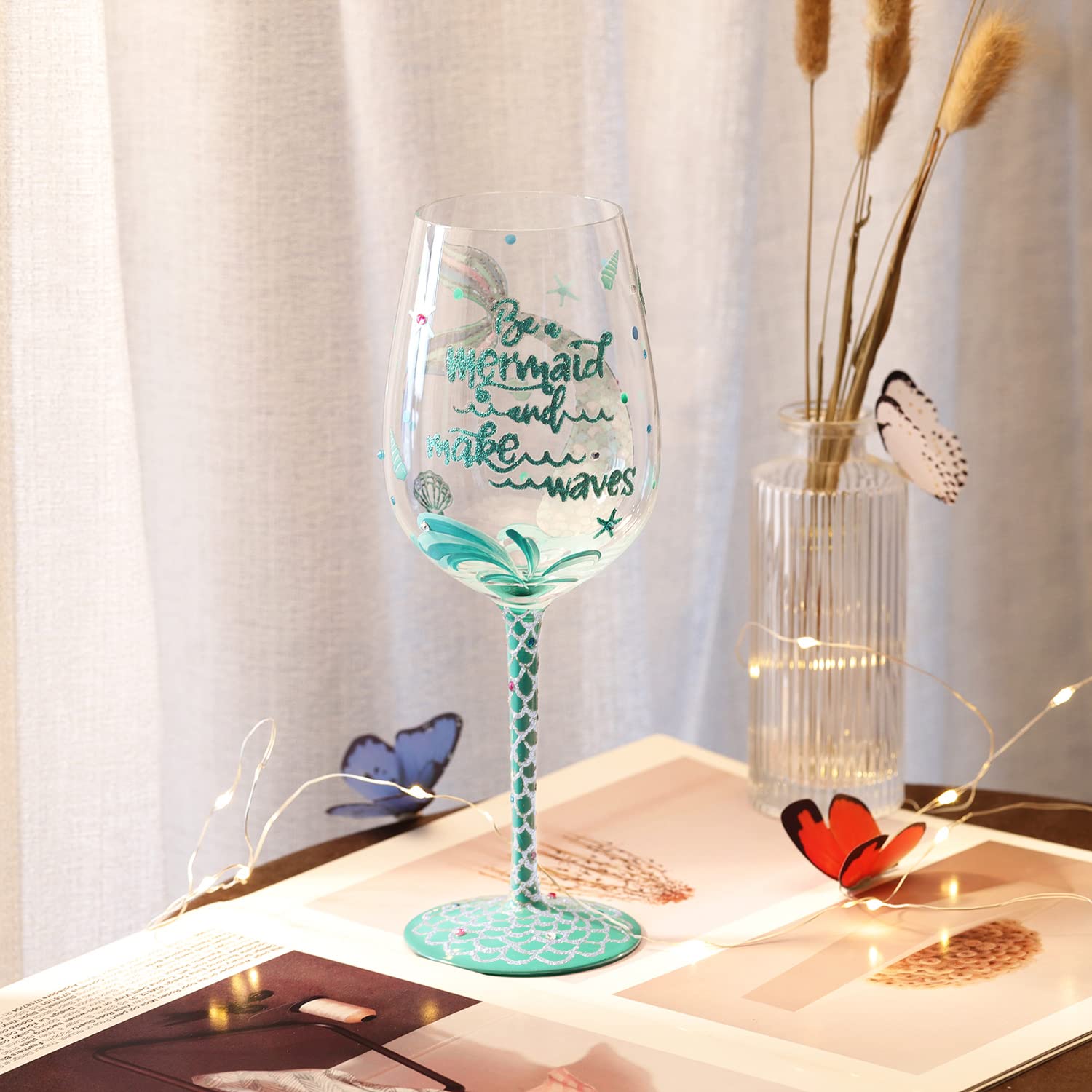 NymphFable Hand-painted Wine Glass Mermaid Sayings Artisan Painted 15oz Personalised Gift for Girls Women
