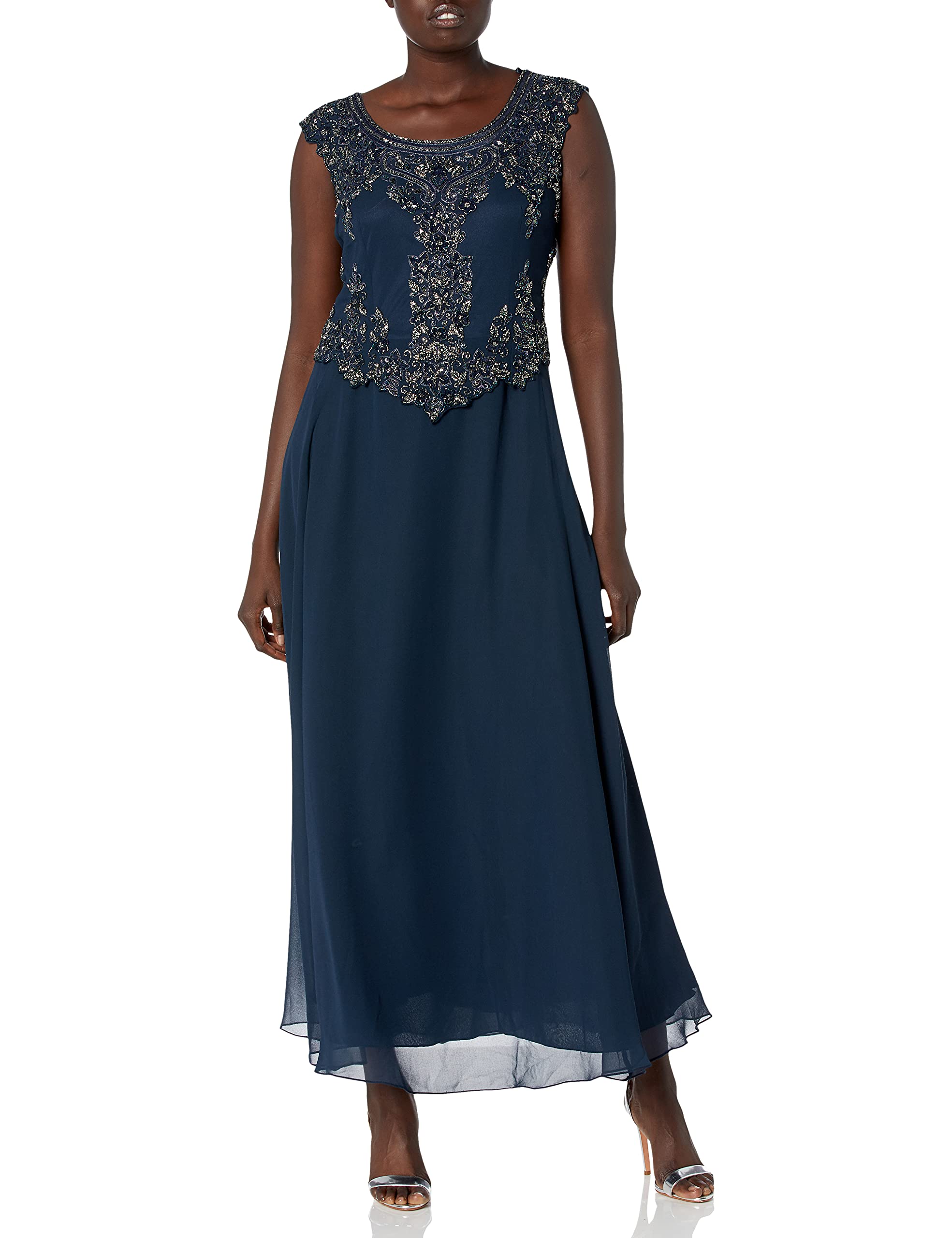 J Kara Women's Petite Cap Sleeve Beaded Top Long Dress, Navy/Mercury, 16P