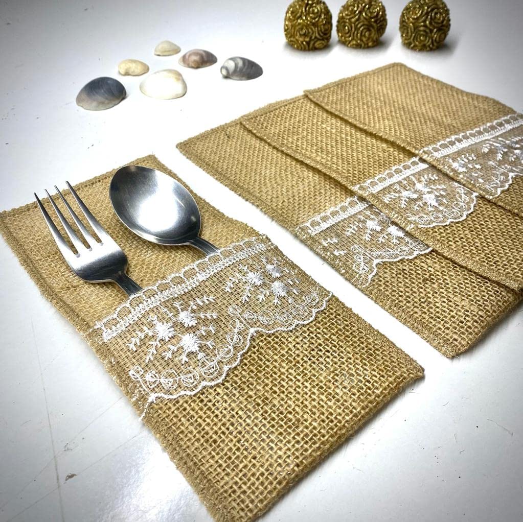 meditroia (Troia Textil(12,Pieces) Burlap Cutlery Holders Lace Utensil Pouch Knifes Forks Bag for Vintage Natural Wedding (4x8inch)