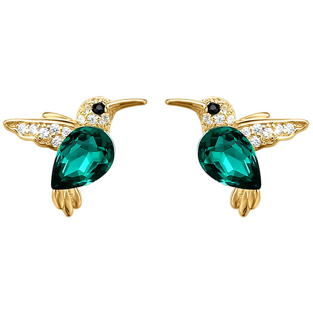 Jewever 925 Sterling Silver Hummingbird Ear Studs Blue Cubic Zirconia Earrings for Women Jewelry Gift Golden