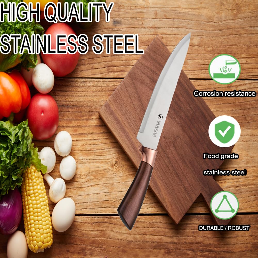 Knife Set with Block YF-TOW 6-Piece Kitchen Knife Sets Non-Stick Sharp Stainless Steel Kitchen Knives Comes with Freestanding Storage Block (Brown)